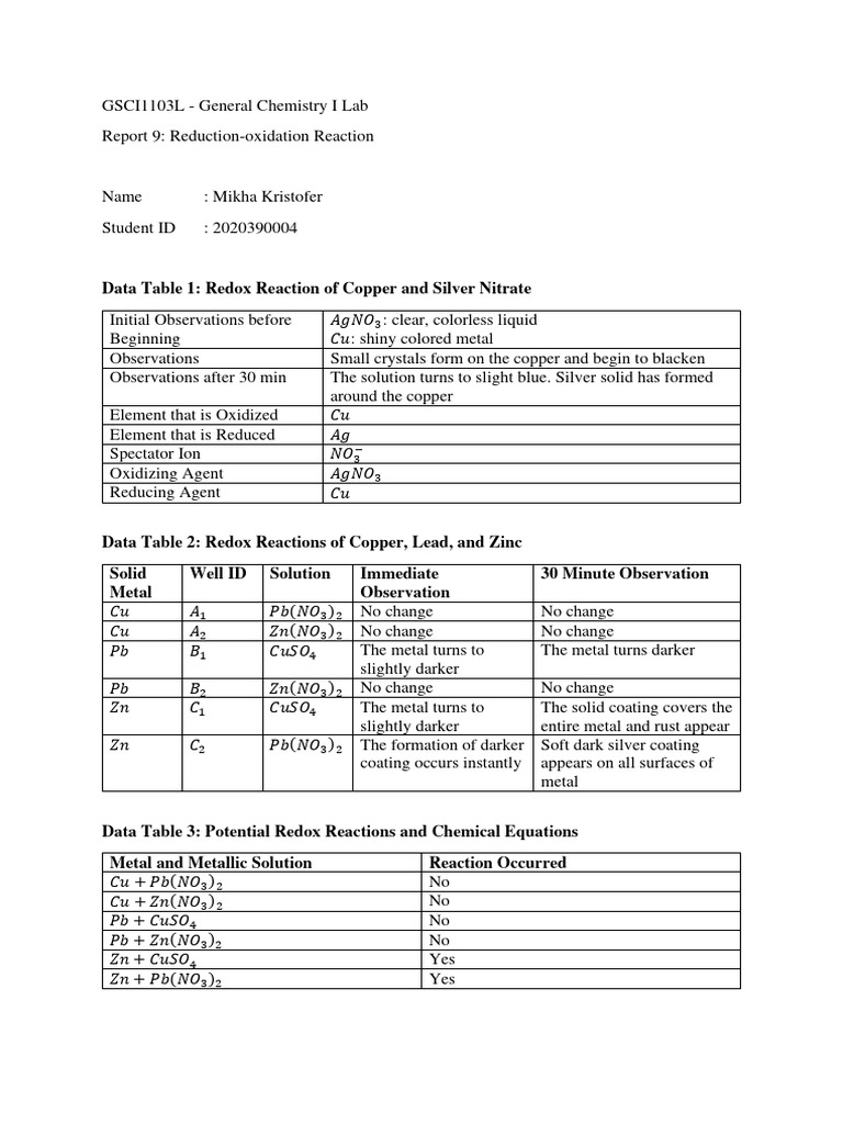 GSCI1103L LabReport9 MikhaKristofer | PDF | Redox | Silver