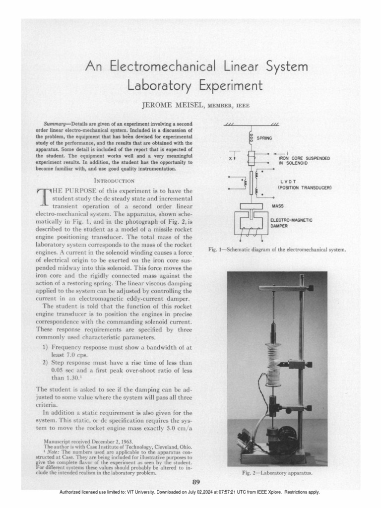 An Electromechanical Linear System Laboratory Experiment | PDF | Force | Damping