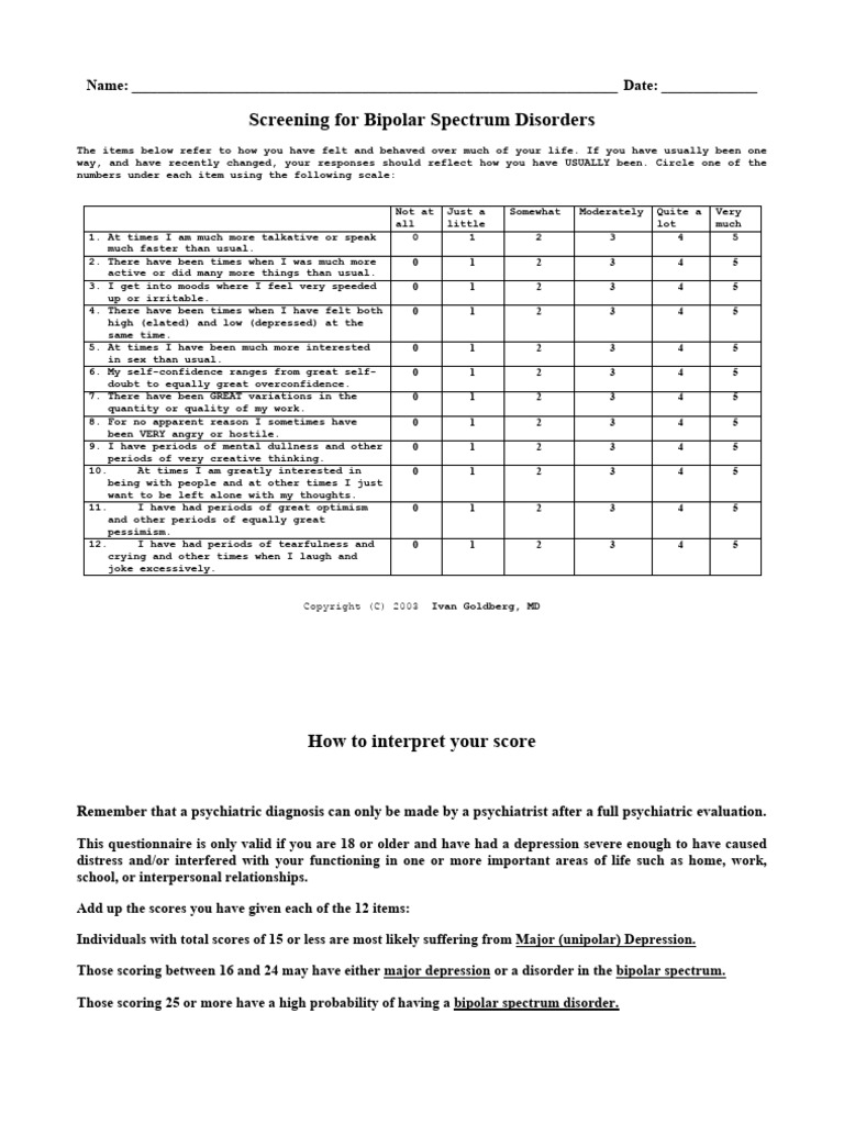Goldberg's Bipolar Screening Scale | PDF | Major Depressive Disorder ...