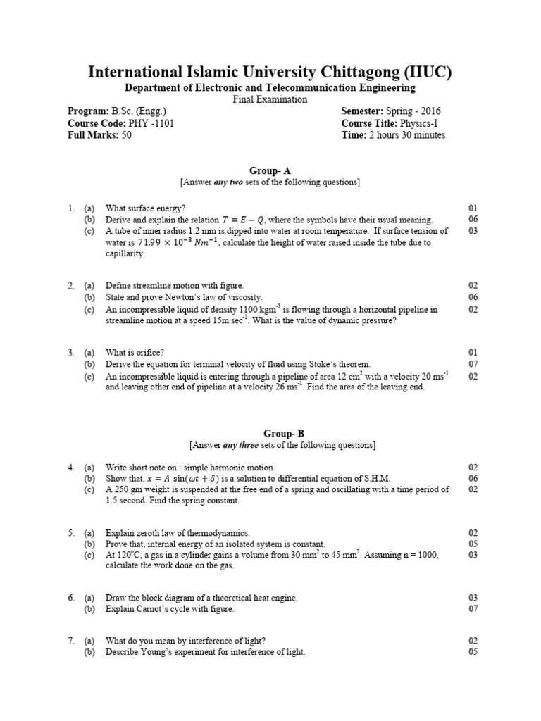 PHY - 1101 - SH - Internal - Spring - 16 | PDF | Waves | Liquids