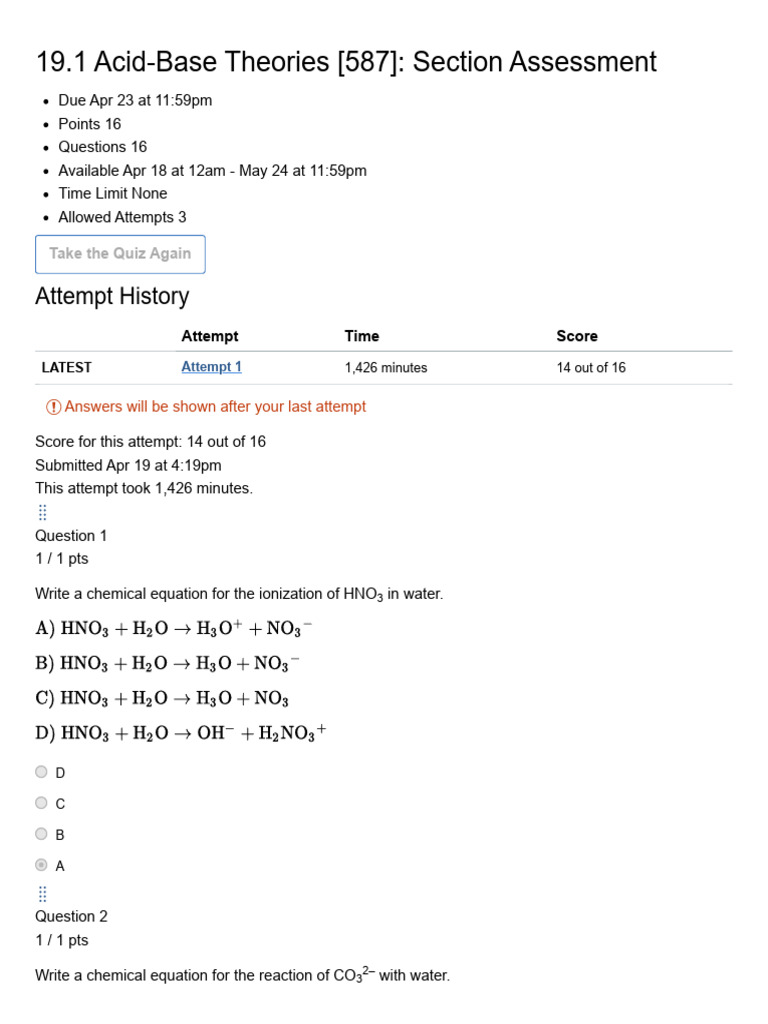 19.1 Acid-Base Theories (587) - Section Assessment - Chemistry | PDF ...