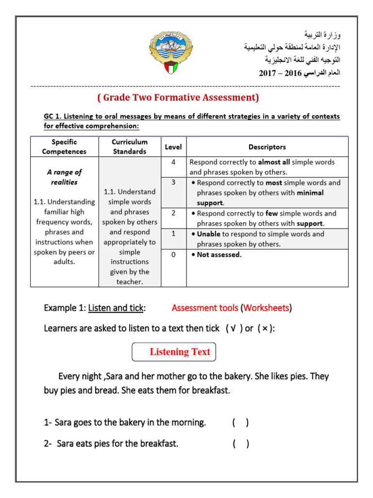 Grade Two English Listening Assessment | PDF | Curriculum | Learning