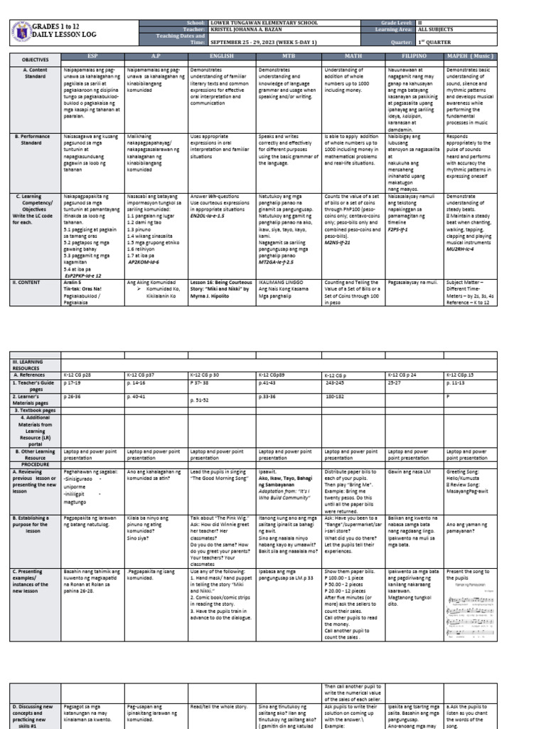 DLL - All Subjects 2 - Q1 - W5 - D1 | PDF