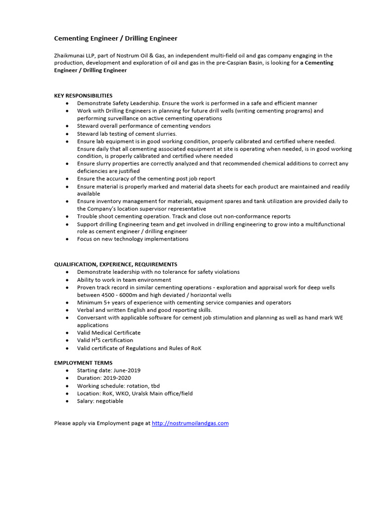 Cementing Engineer Drilling Engineer | PDF | Engineer | Oil Well