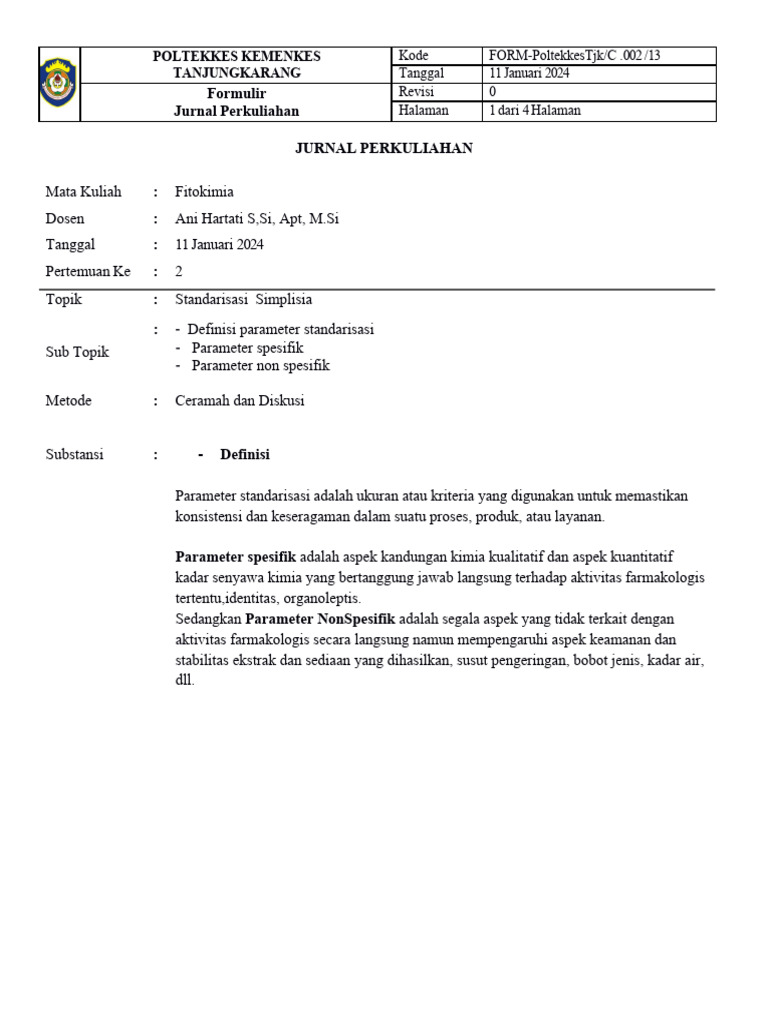 Formulir Jurnal Perkuliahan Jurnal Perkuliahan::::::: Poltekkes ...