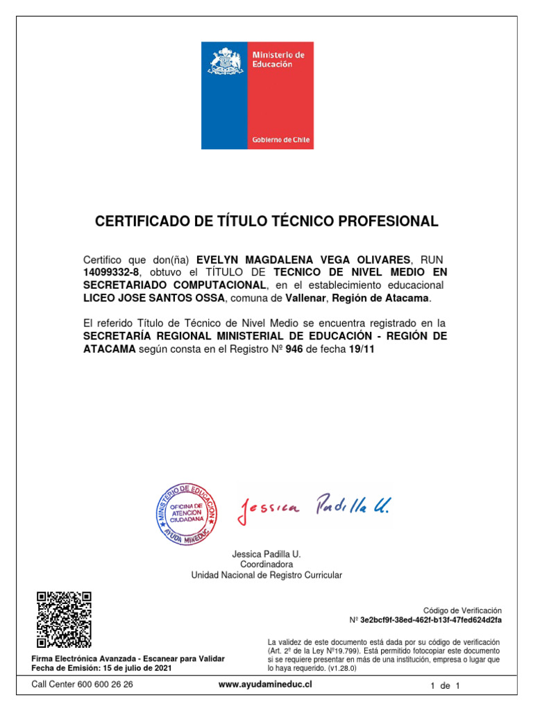 Certificado de Título Técnico Profesional: Certifico Que Don (Ña ...
