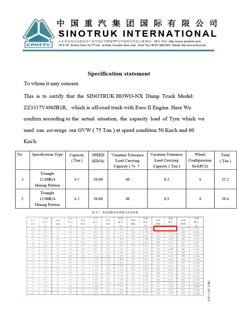 8&9. Tyre Specification statement-SINOTRUK | PDF | Tire | Truck