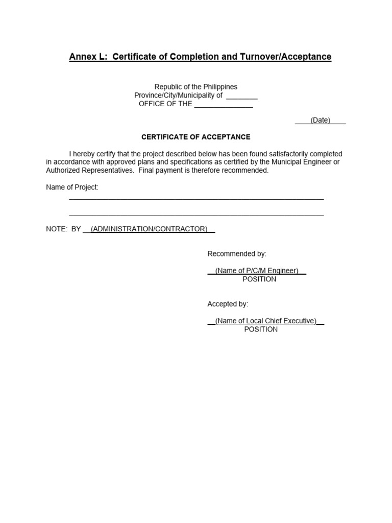 L. Annex Certificate of Completion and Acceptance | PDF | Government