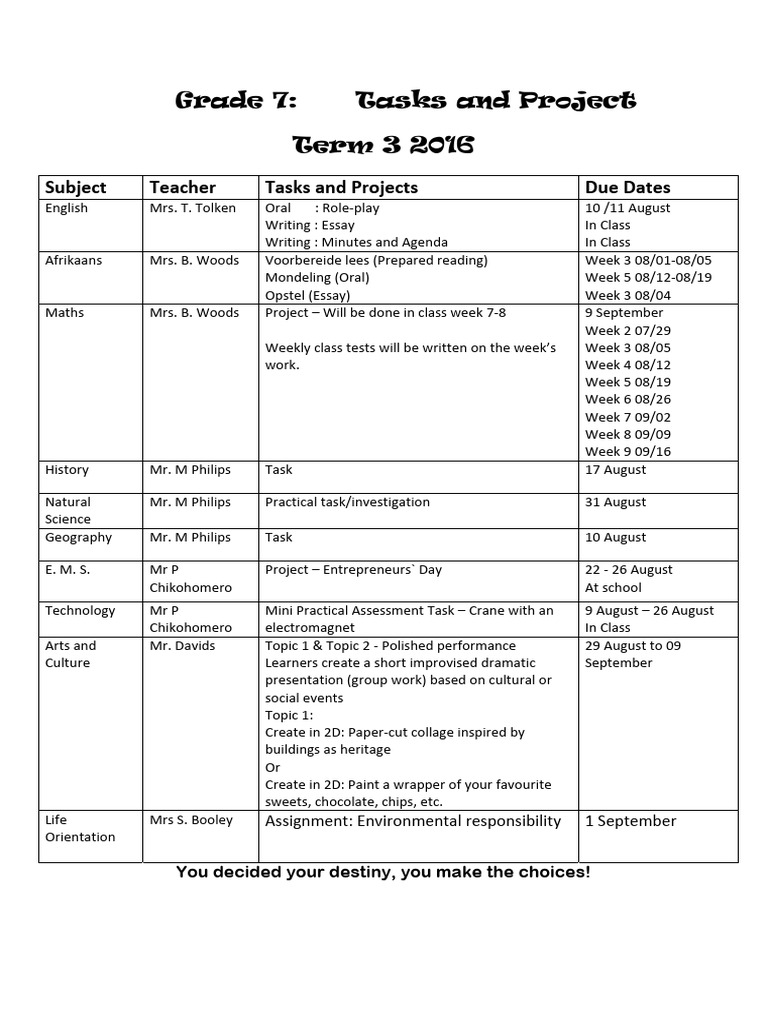 Grade 7 Term 3 Project Schedule | PDF | Cognition | Learning