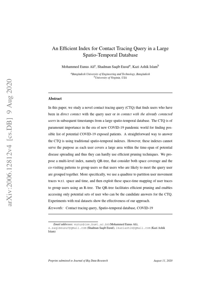 An Efficient Index For Contact Tracing Query in A Large Spatio - Temporal DB | PDF