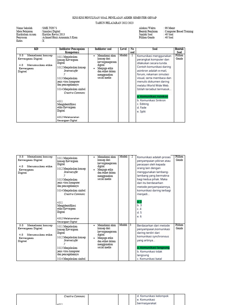 Kisi-Kisi Simulasi Digital Pat Genap 2023 SMK Tons | PDF