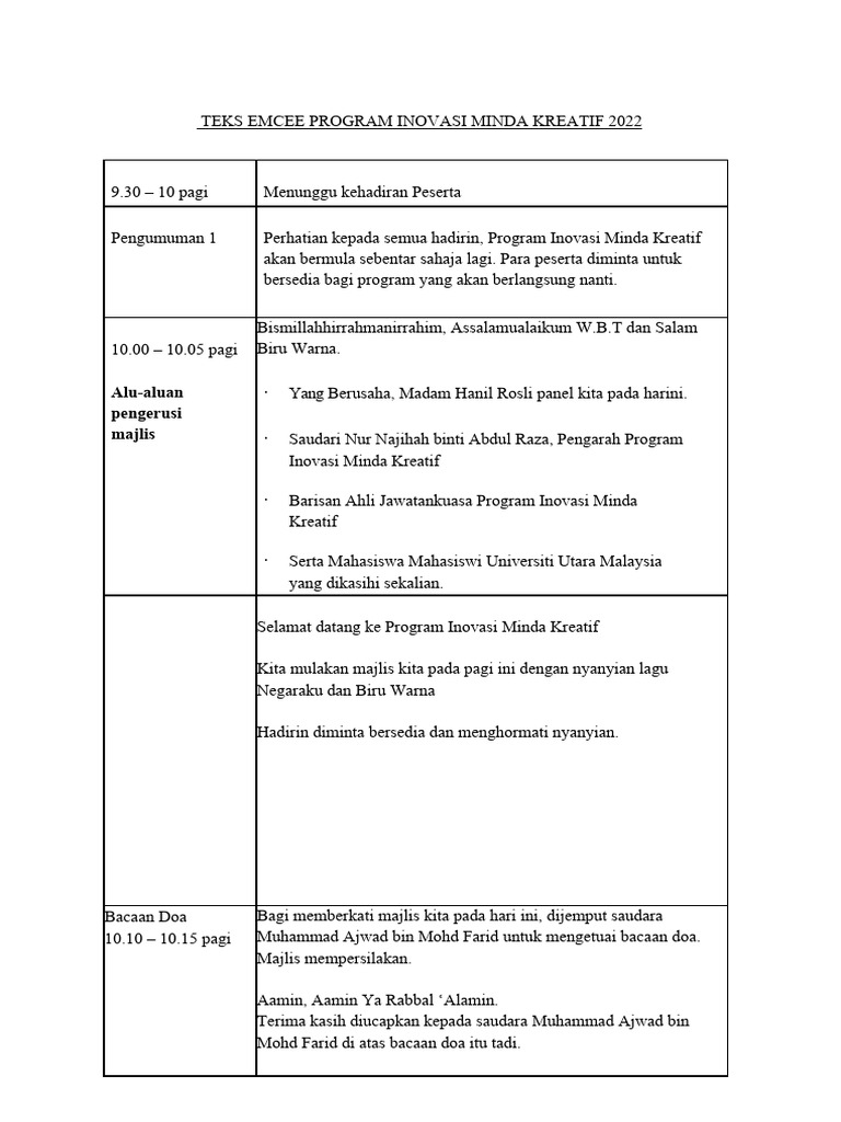 Teks Emcee Program Inovasi Minda Kreatif | PDF | Seni