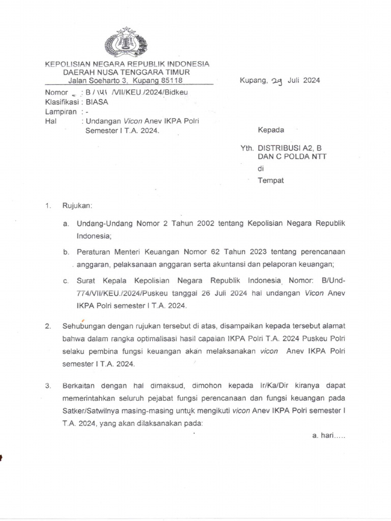 Surat - Undangan Vicon Anev IKPA Polri SMT I 2024 | PDF