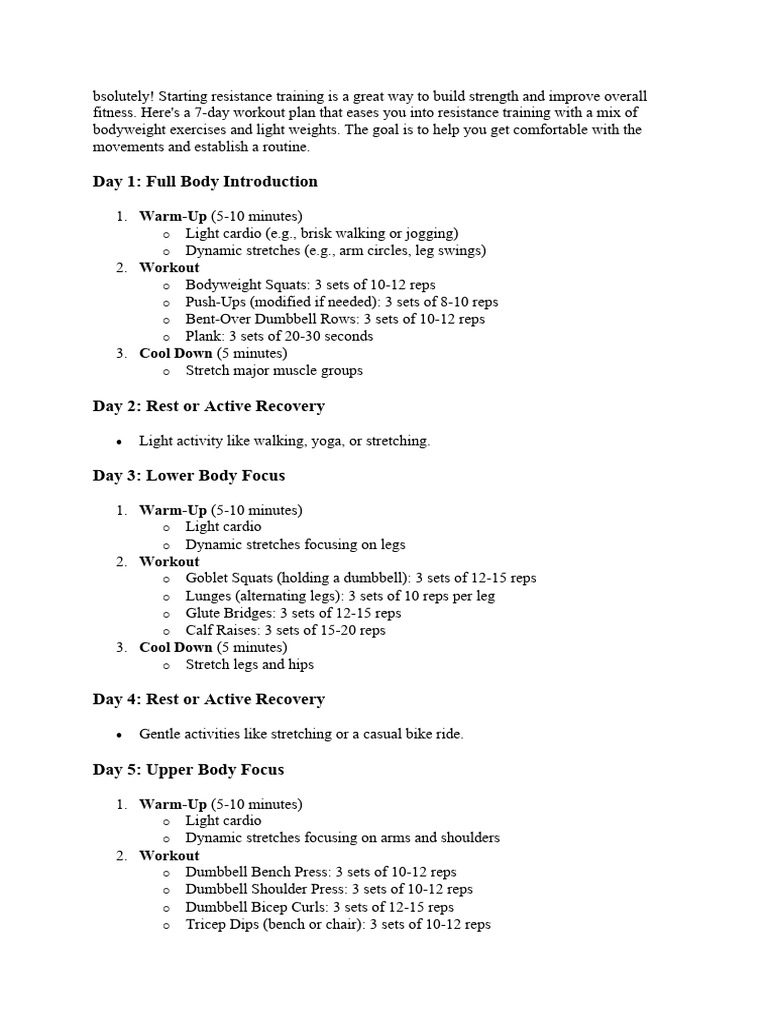 7-Day Beginner Resistance Training Plan | PDF | Strength Training ...
