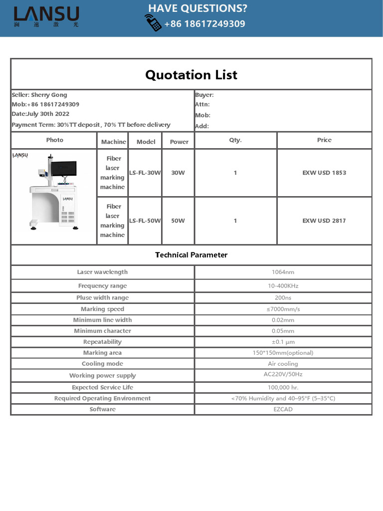 FLB 30w 50w Fiber Laser Marking Machine Quotation | PDF | Optical Devices | Photonics