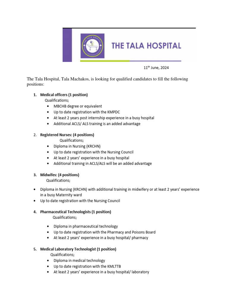 Tala Hospital Job Vacancies 2024 | PDF | Nursing | Diploma