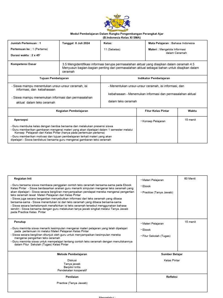 Lesson Plan - Gr11 - Bahasa Indonesia - Ch3 - Mengelola Informasi Dalam Ceramah - OK | PDF