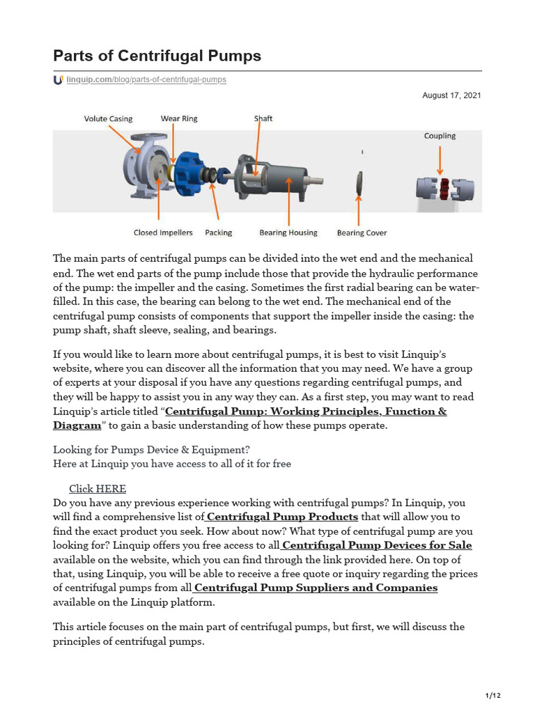 Parts of Centrifugal Pumps | PDF | Pump | Bearing (Mechanical)