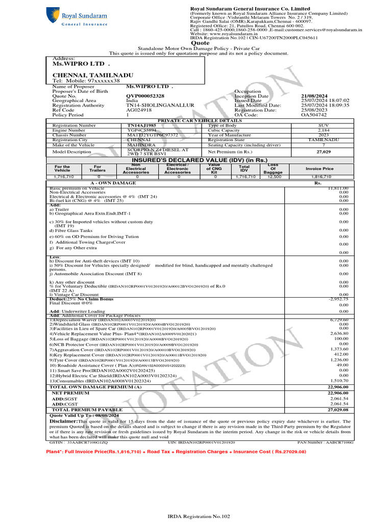 Quote: Address | PDF | Insurance | Car