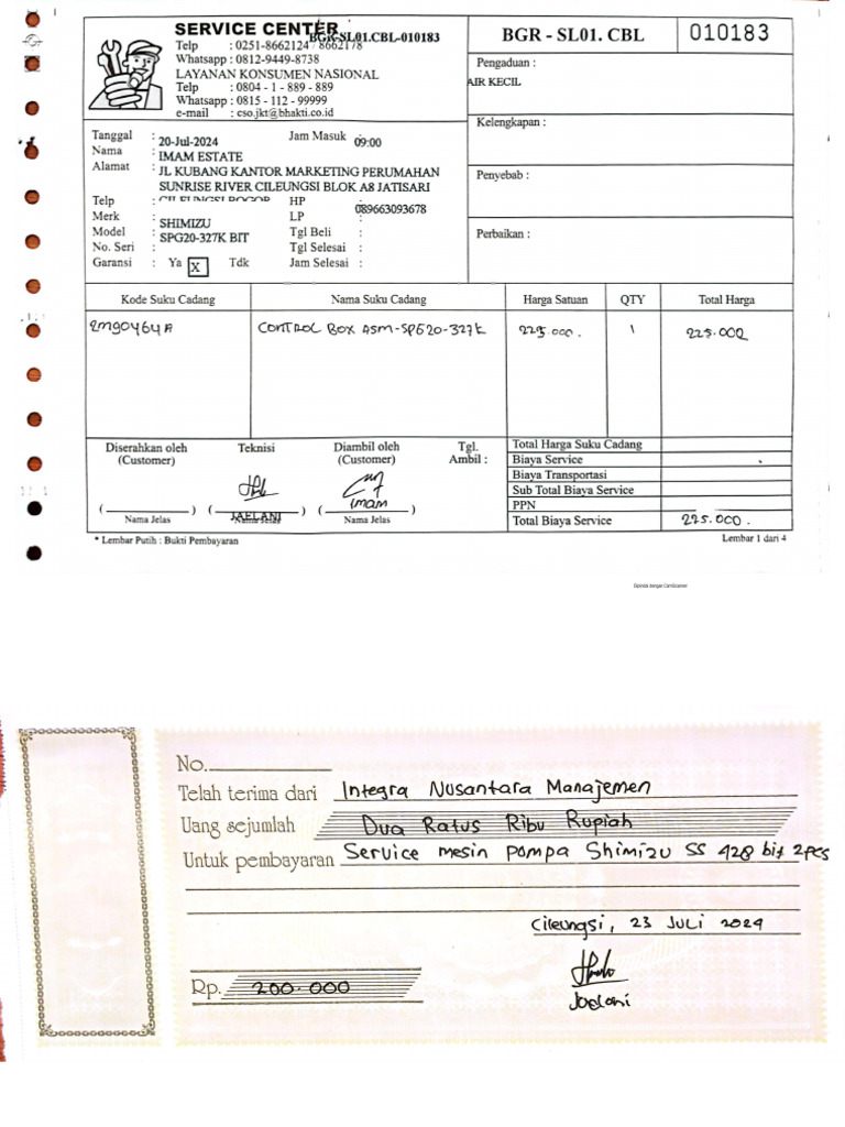 Nota Service Pompa PAM | PDF