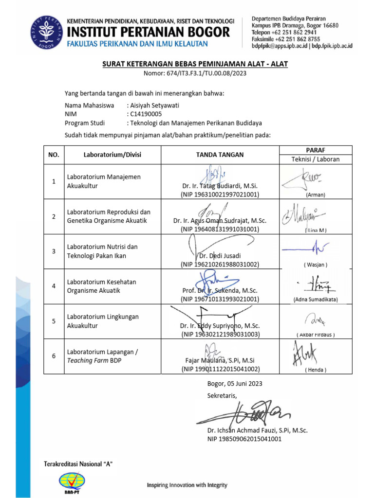 Surat Keterangan Bebas Peminjaman Alat - Alat: NO. Laboratorium/Divisi ...