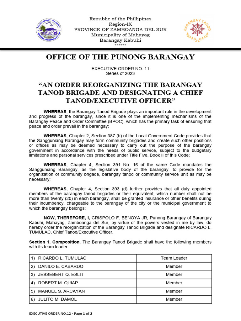 EO No.11 Barangay Tanod Brigade | PDF | Crimes | Crime & Violence