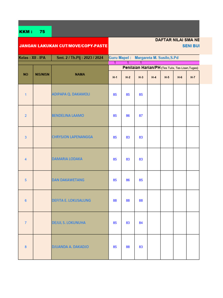 Daftar Nilai Pat SBD Xii Ipa | PDF