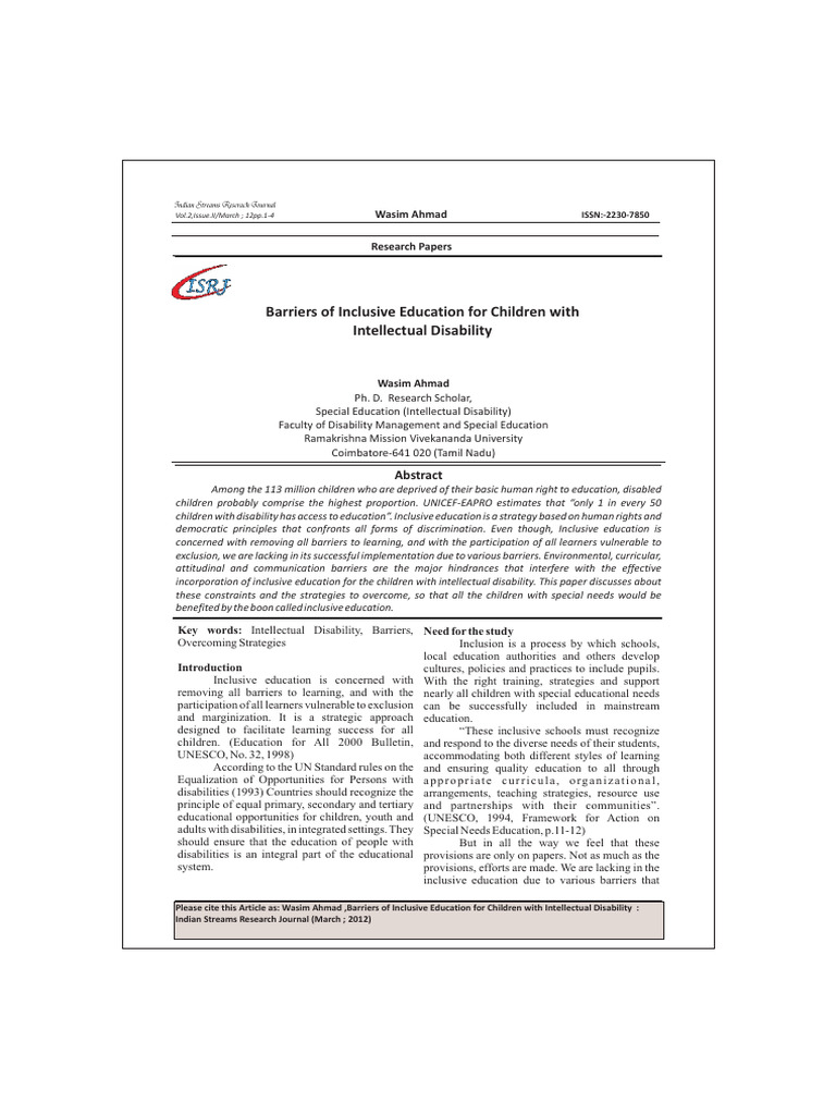 Barriers of Inclusive Education For Children With Intellectual ...