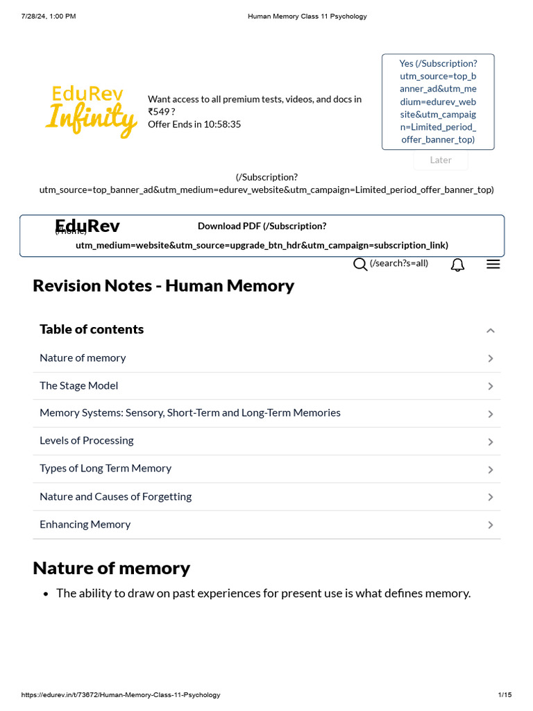 Human Memory Class 11 Psychology | PDF | Memory | Recall (Memory)