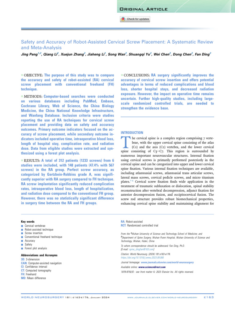 Safety and Accuracy of Robot Assisted Cervical Screw Placeme 2024 World ...