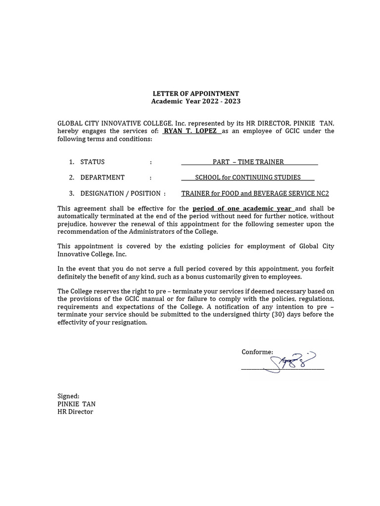 Letter of Appointment - R. Lopez | PDF | Government | Private Law