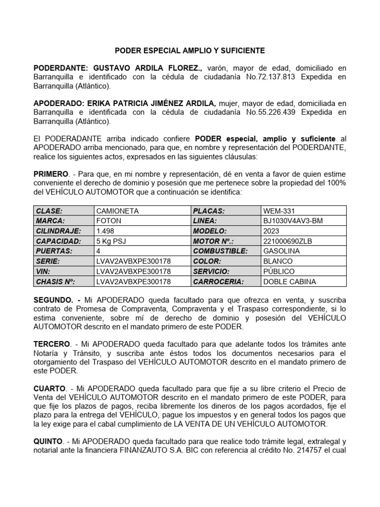 Poder Amplio y Suficiente para Tramites Generales | PDF | Documento de ...