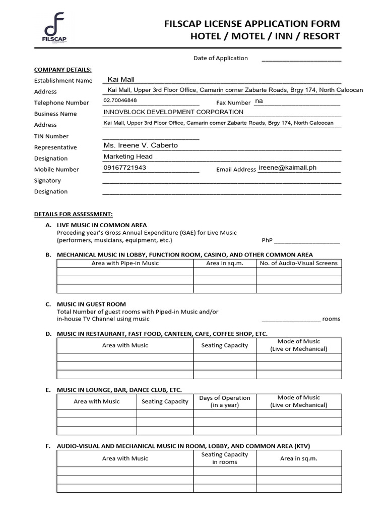 Application Form For Hotel Motel Inn Resort Kai Mall | PDF