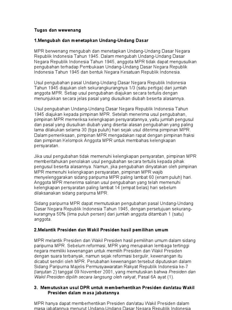 Tugas Dan Wewenang MPR DPR Prsiden | PDF