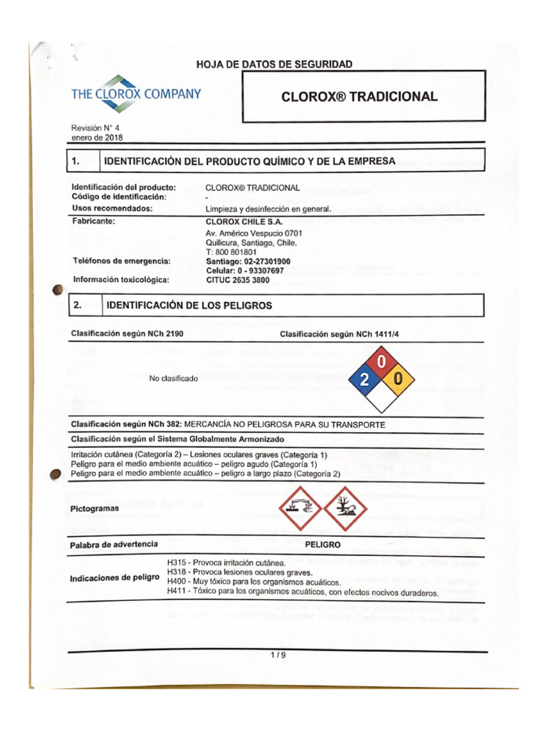 Hoja de Datos de Seguridad Cloro | PDF