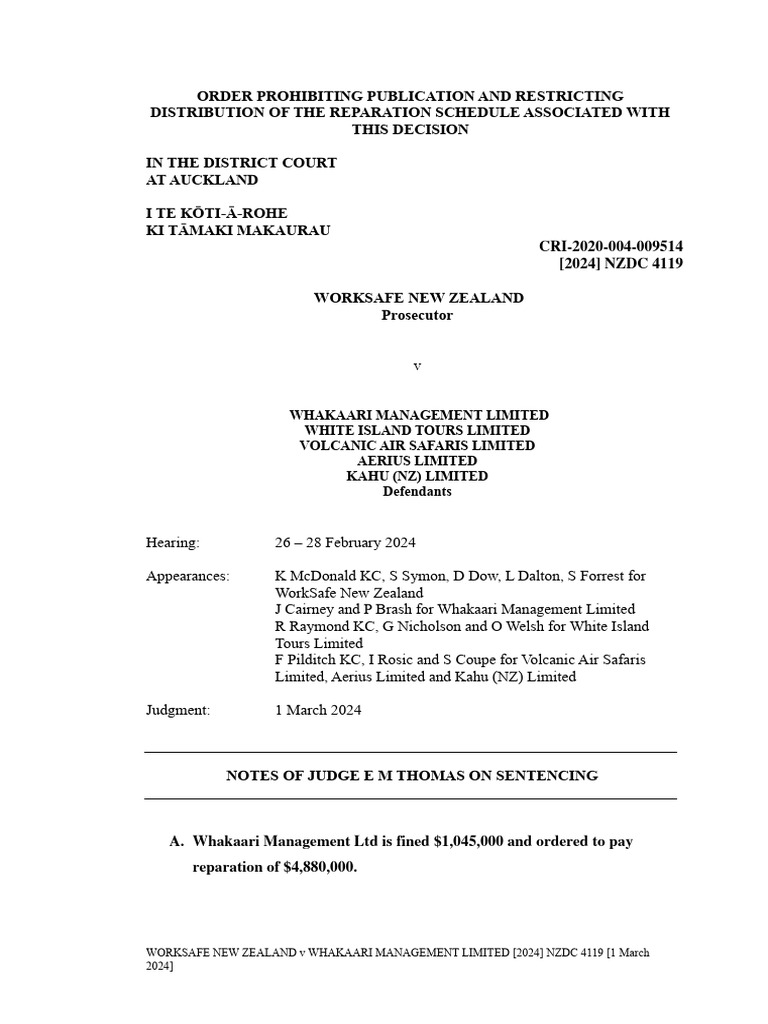 WorkSafe NZ V Whakaari Management Limited & Ors Sent 20240301 | PDF ...