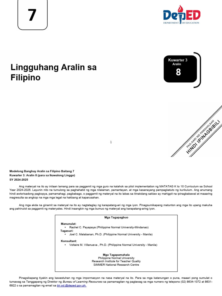 LE - Q3 - Filipino 7 - Week 8 | PDF