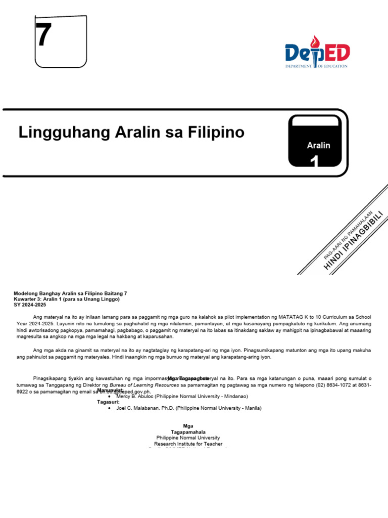 LE Q3 Filipino-7 Lesson-1 Week-1 | PDF
