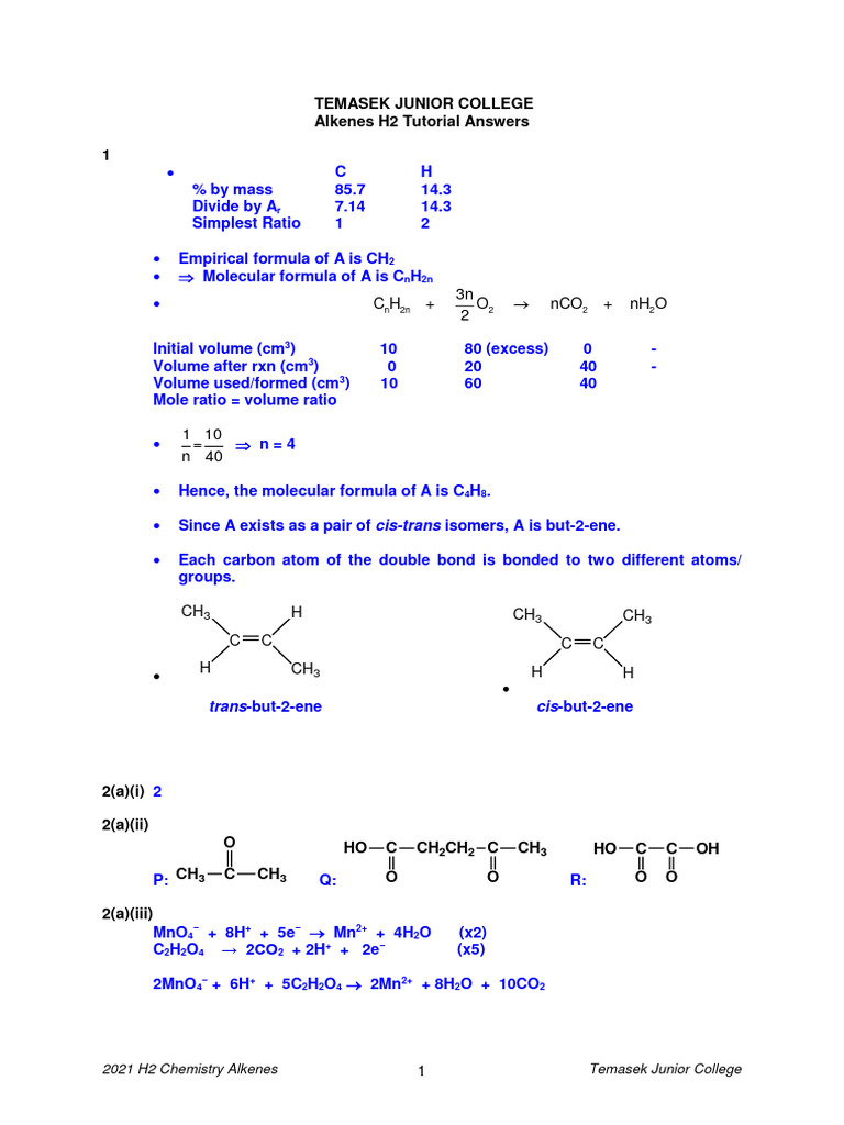 2021 Alkenes H2 Tutorial (Solutions) | PDF | Chemistry | Physical Chemistry