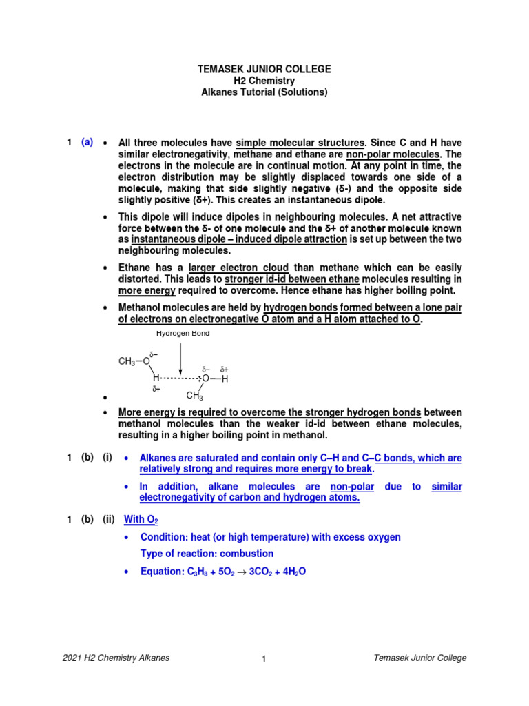 2021 Alkanes H2 Tutorial (Solutions) | PDF | Chemical Polarity | Alkane