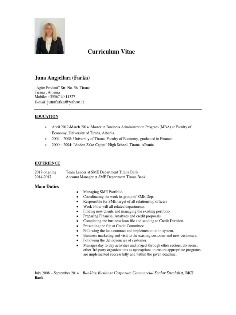 Juna Angjellari: Banking CV | PDF | Banks | Business Economics