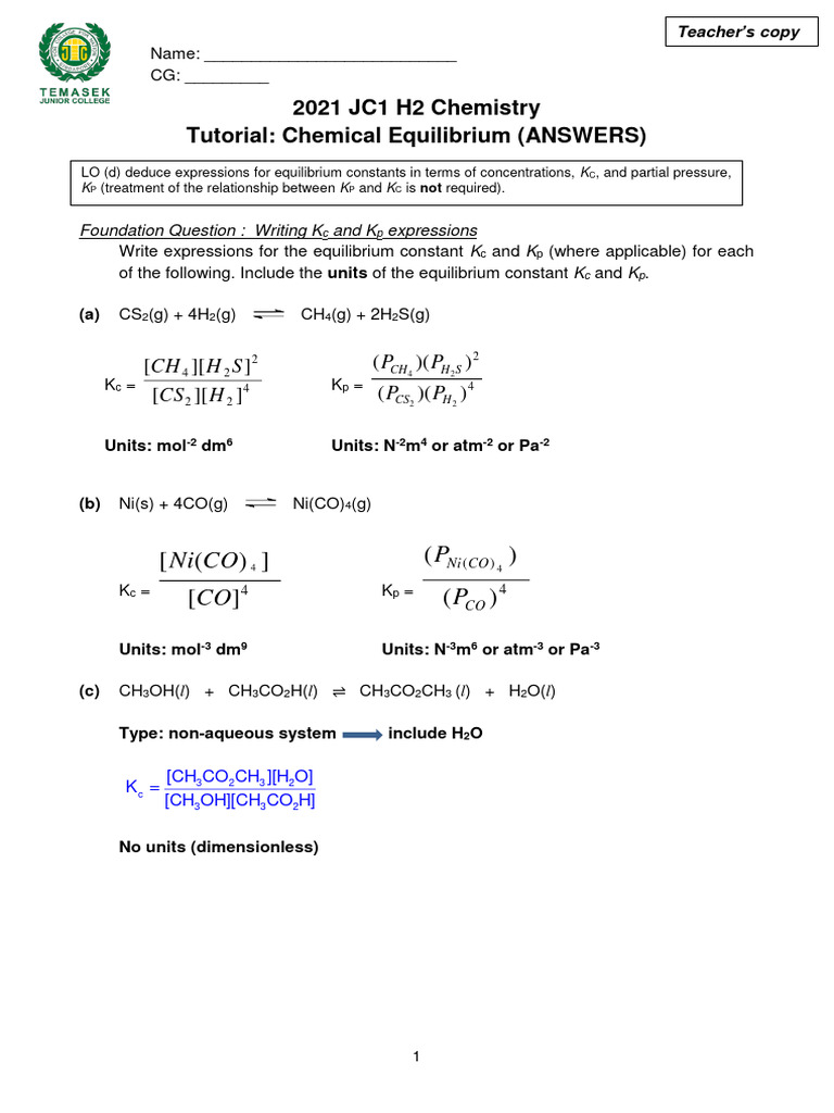 2021 H2 Chem Eqm Tutorial (Matrix) | PDF | Chemical Equilibrium ...