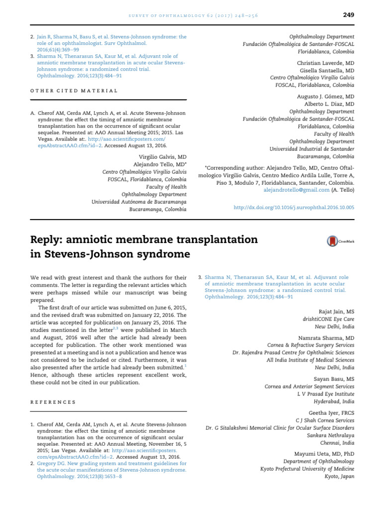 Reply Amniotic Membrane Transplantation in Stevens Johnson Syndrome ... Reply Amniotic Membrane Transplantation in Stevens Johnson Syndrome ...