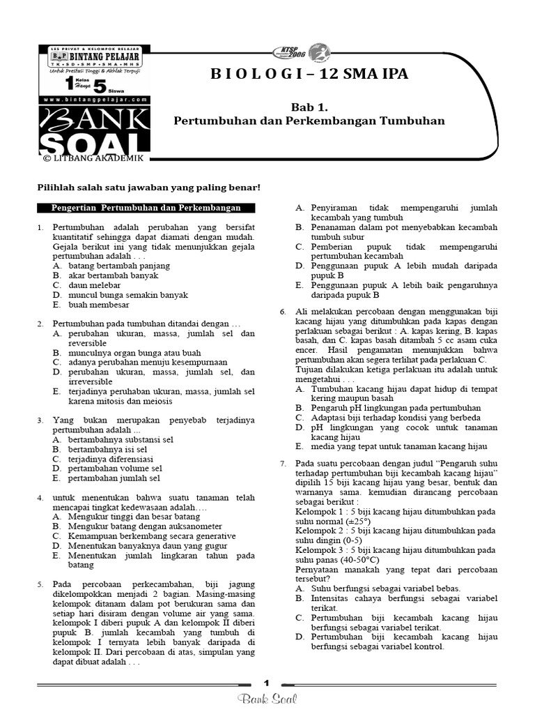 Bank Soal BIOLOGI - 12 SMA IPA - BAB 1. Pertumbuhan Dan Perkembangan Pada Tumbuhan (Layout) TA ...