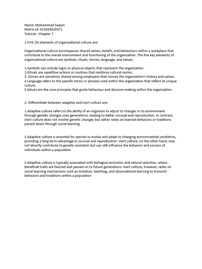 Tutorial Chapter 7 | PDF | Organizational Culture | Behavior