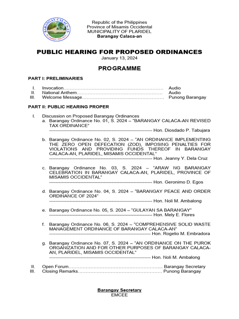 Barangay Assembly Program of Activity | PDF