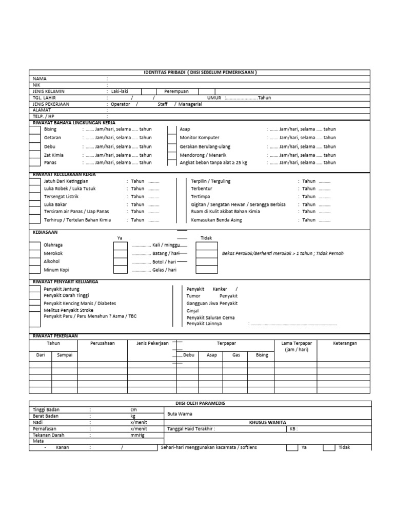 Formulir Pemeriksaan Kesehatan Kerja | PDF