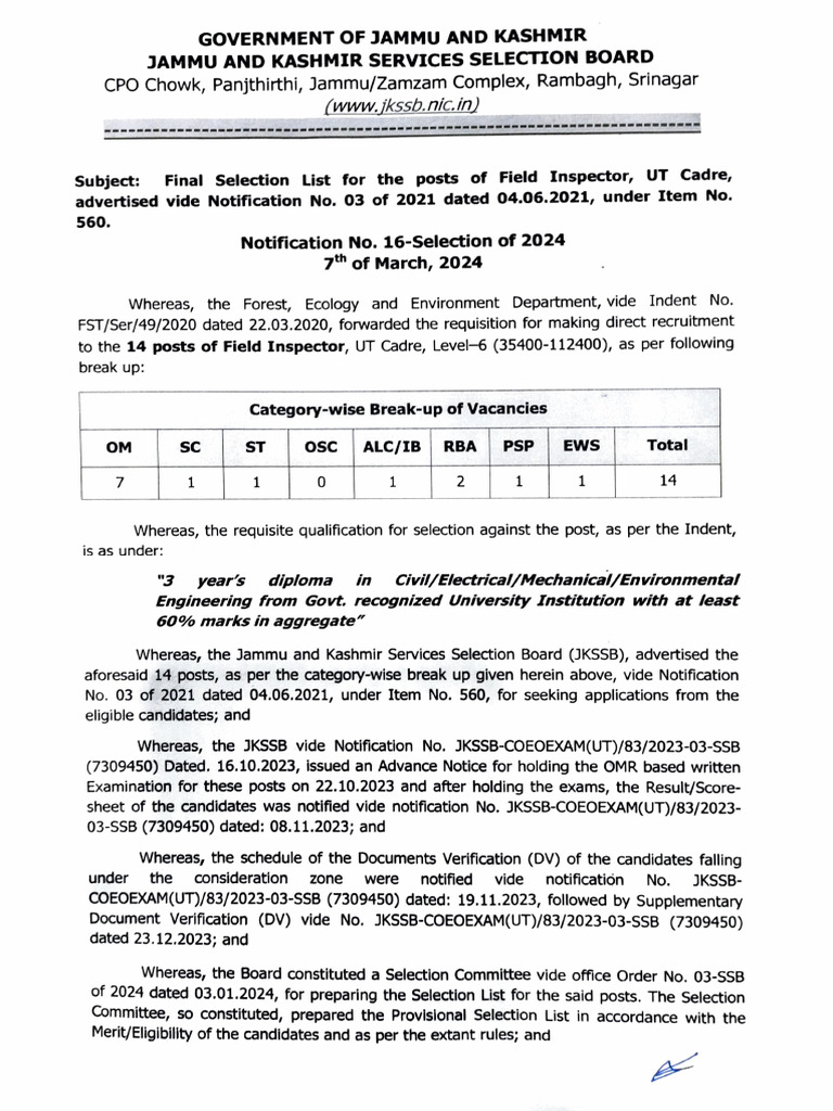 Final Selection List of Field Inspector FE&E Department 07032024 | PDF