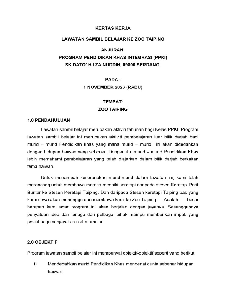 Kertas Kerja Lawatan Ke Zoo Taiping | PDF