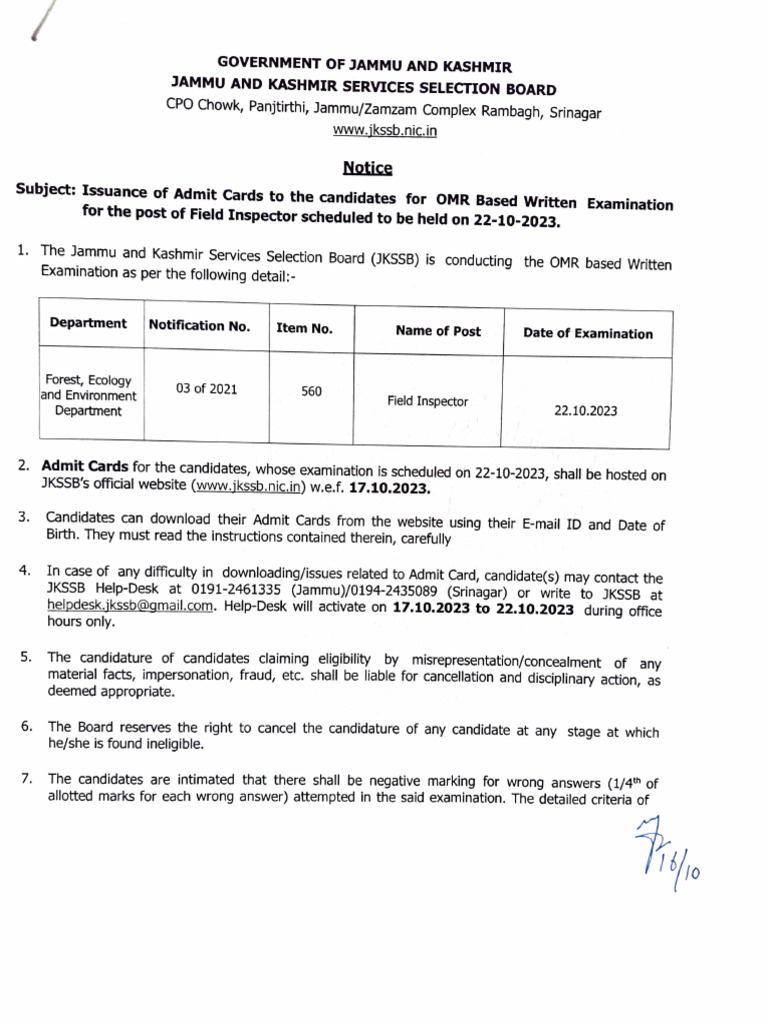 Notice Admit Card 16102023 | PDF | Finance & Money Management